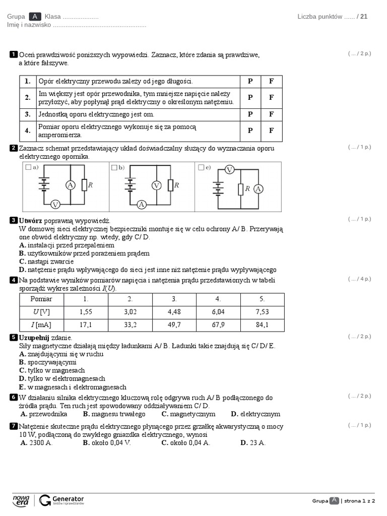 Test 1. Elektryczność I Magnetyzm Test (Z Widoczną Punktacją) | PDF