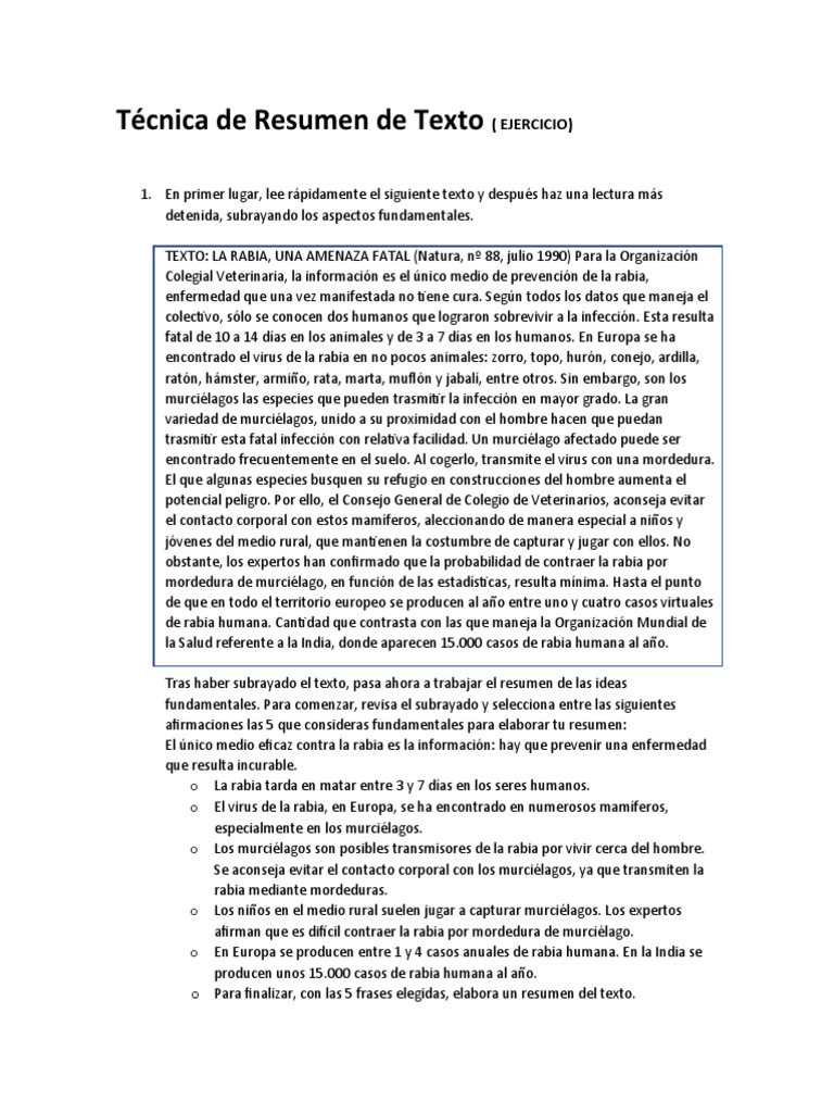 Técnica de Resumen de Texto (EJERCICIO) | PDF | Rabia | Murciélago