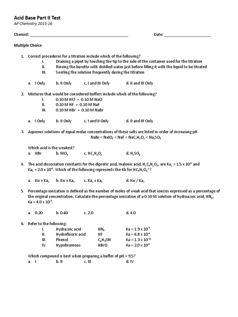 Acid Base Part II Test 1516 (Corrected) | PDF | Acid | Buffer Solution