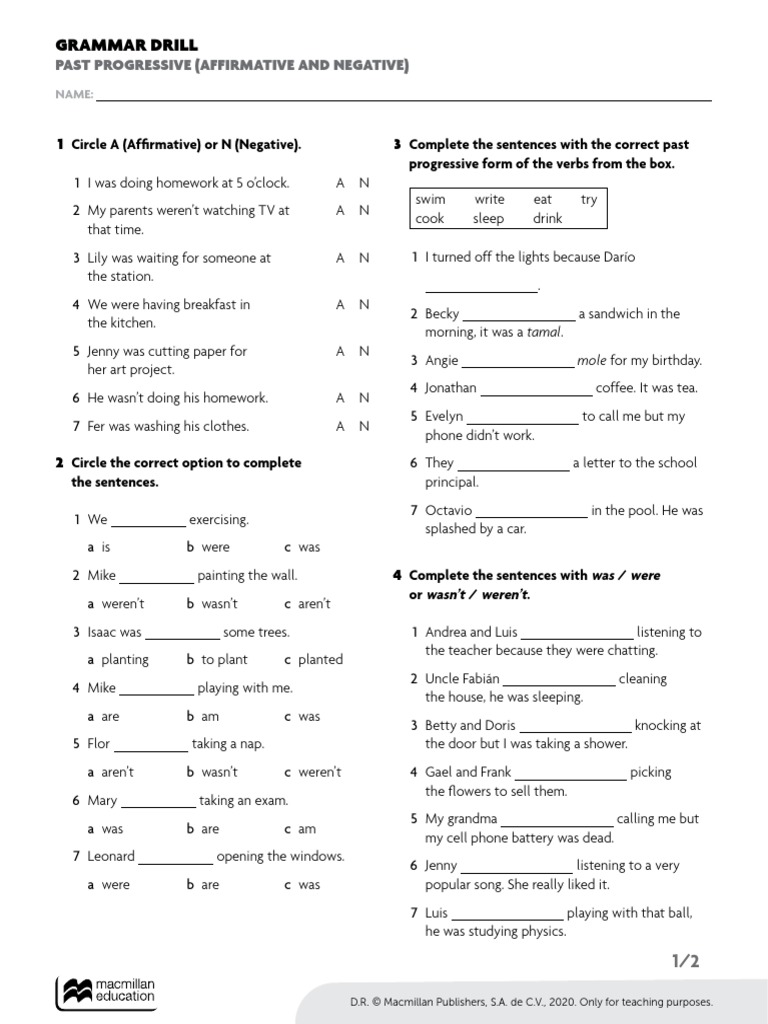 Grammar Drill 09 Past Progressive Affirmative and Negative | PDF