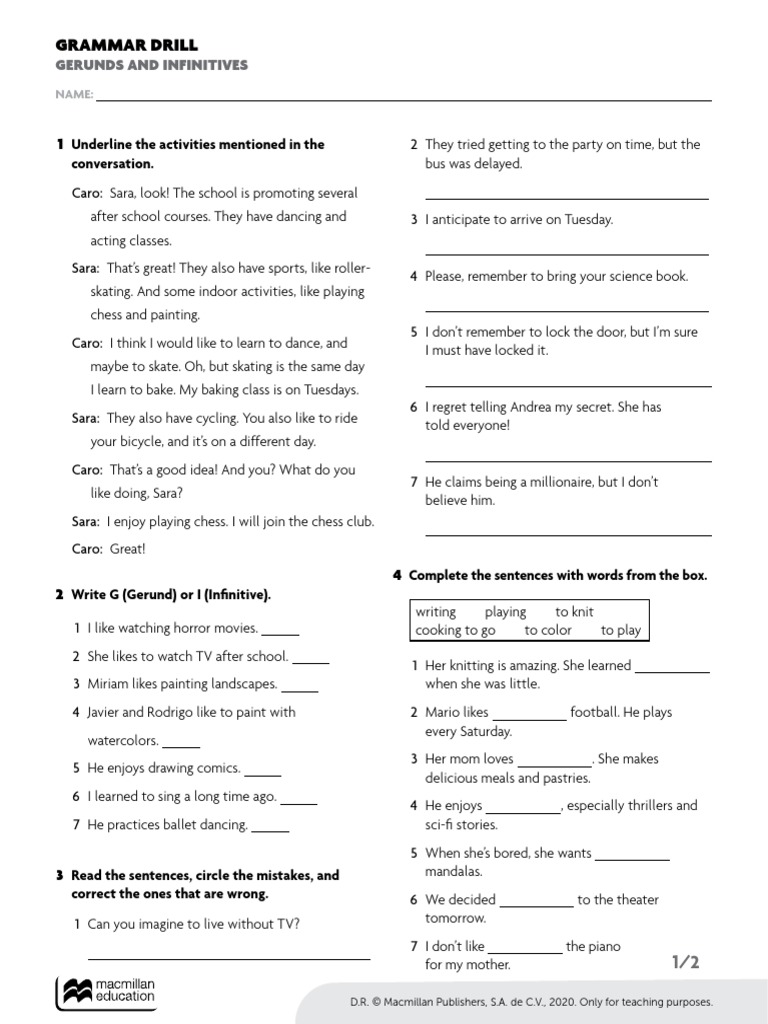 Grammar Drill 15 Gerunds and Infinitives | PDF