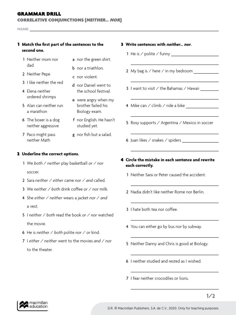 Grammar Drill 23 Correlative Conjunctions Neither Nor | PDF | Language ...