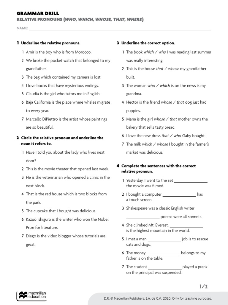 Grammar Drill 26 Relative Pronouns Who Which Whose That Where | PDF ...