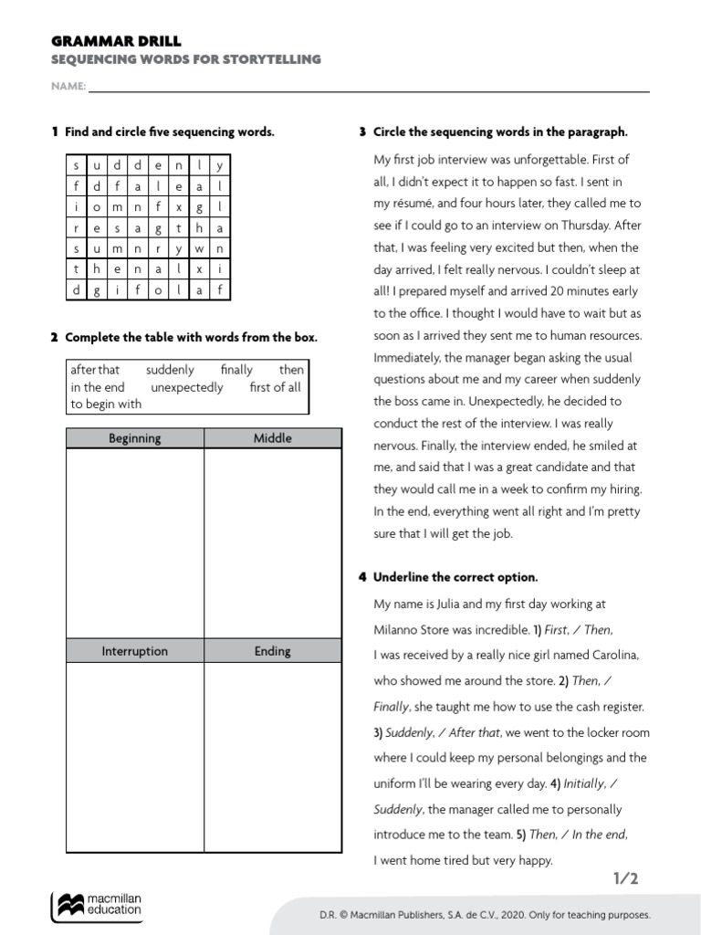 Grammar Drill 30 Sequencing Words For Storytelling | PDF