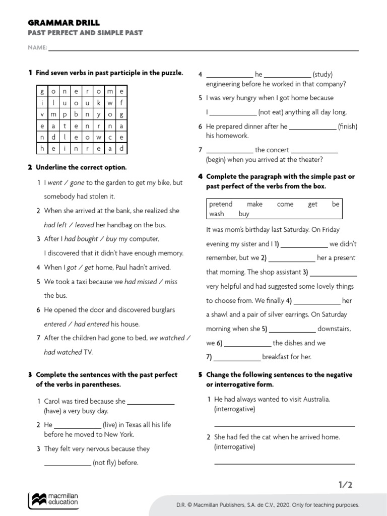 Grammar Drill 32 Past Perfect and Simple Past | PDF | Linguistic Morphology | Language Mechanics