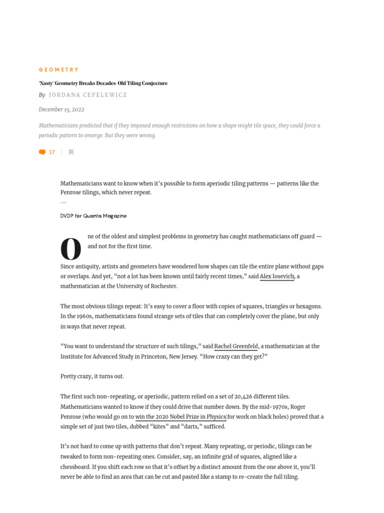 Nasty' Geometry Breaks Decades-Old Tiling Conjecture - Quanta Magazine ...