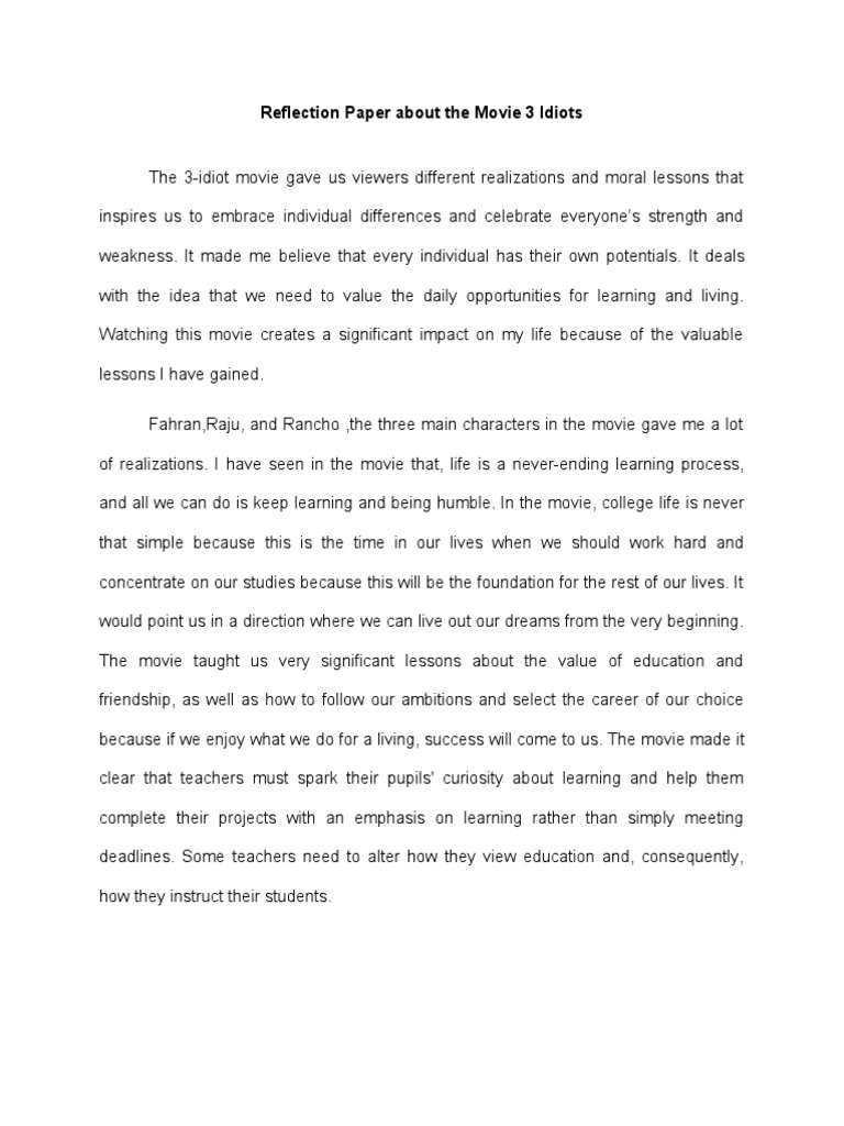 Reflection Paper About The Movie 3 Idiots | PDF