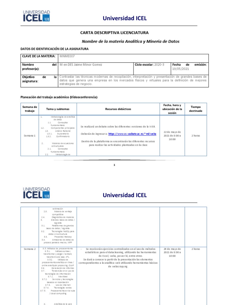 Formato - Carta Descriptiva Analitica y Mineria de Datos | PDF