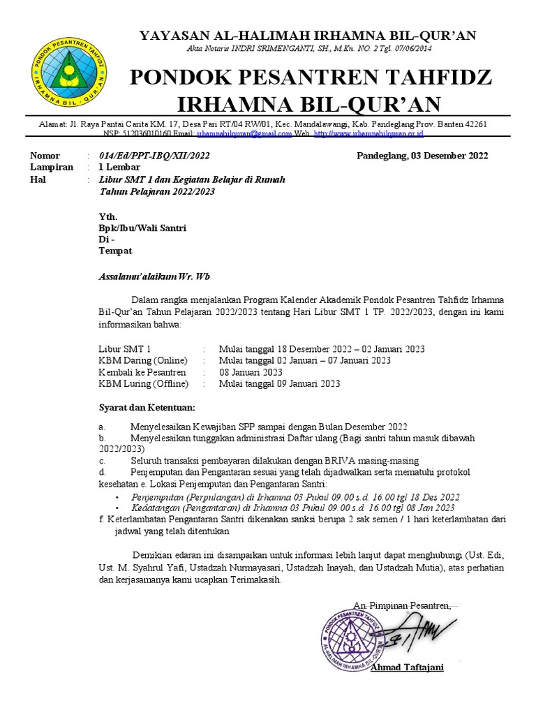 Contoh Surat Edaran Libur Pesantren | PDF
