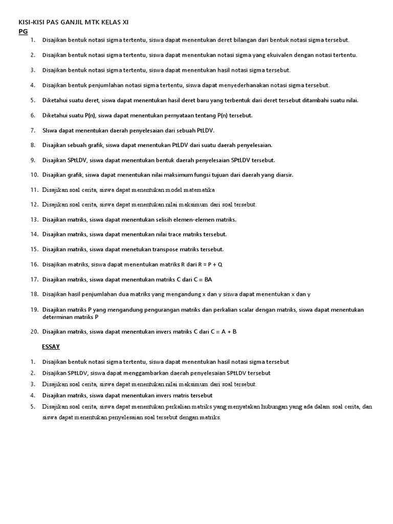 Kisi-Kisi Pas MTK Kelas Xi | PDF | Metode & Bahan Ajar | Komputer