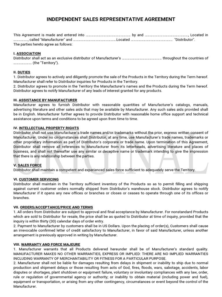 Independent Sales Representative Agreement | PDF | Legal Liability ...
