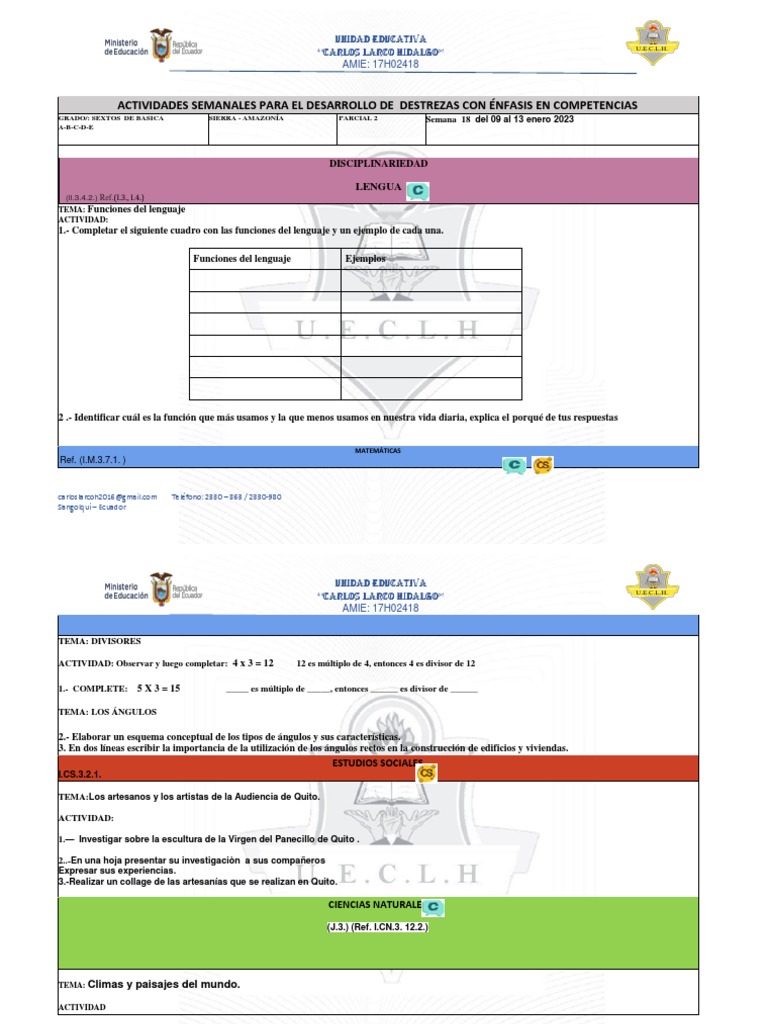 Actividades semanales para el desarrollo de destrezas en el grado sexto ...
