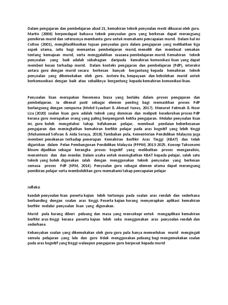 Kekurangan Penggunaan Teknik Penyoalan Aras Tinggi dalam Proses ...