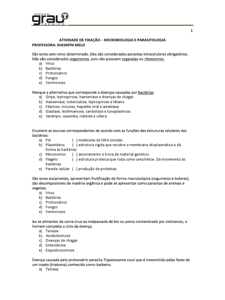 Atividades de Microbiologia e Parasitologia | PDF | Bactérias | Vírus