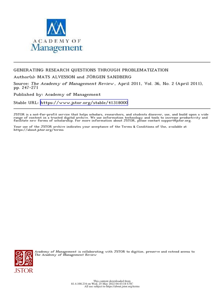 0001Β Generating Research Questions Through Problematization. | PDF ...