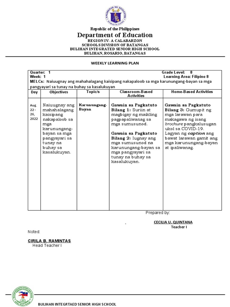 Filipino 8 WLP Week 1 | PDF