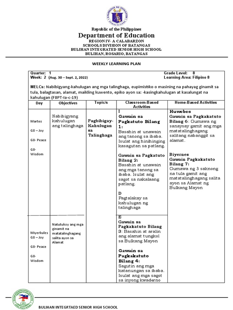 Filipino 8 WLP Week 2 | PDF