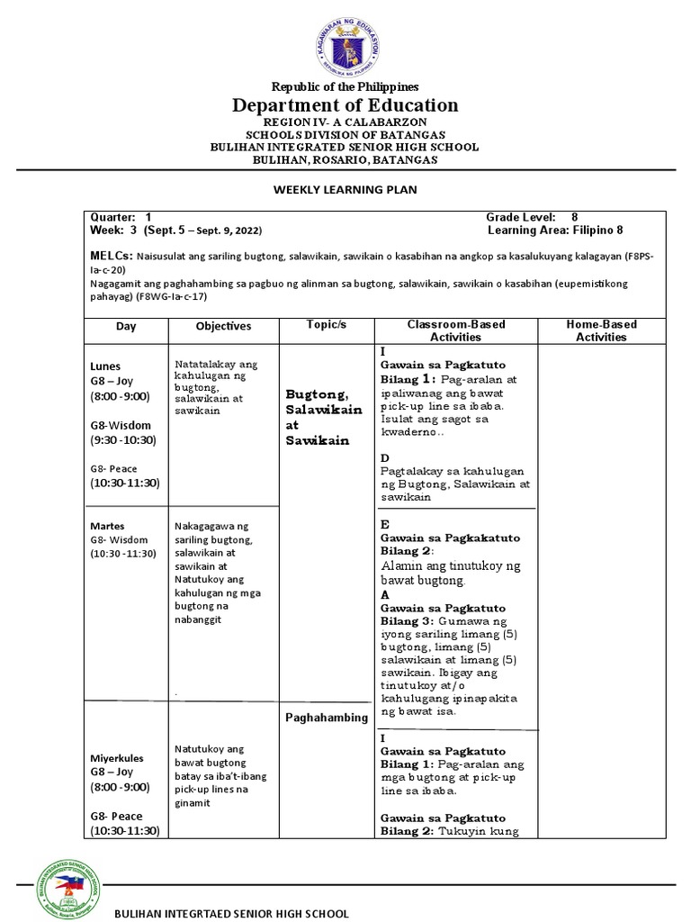 Filipino 8 WLP Week 3 | PDF