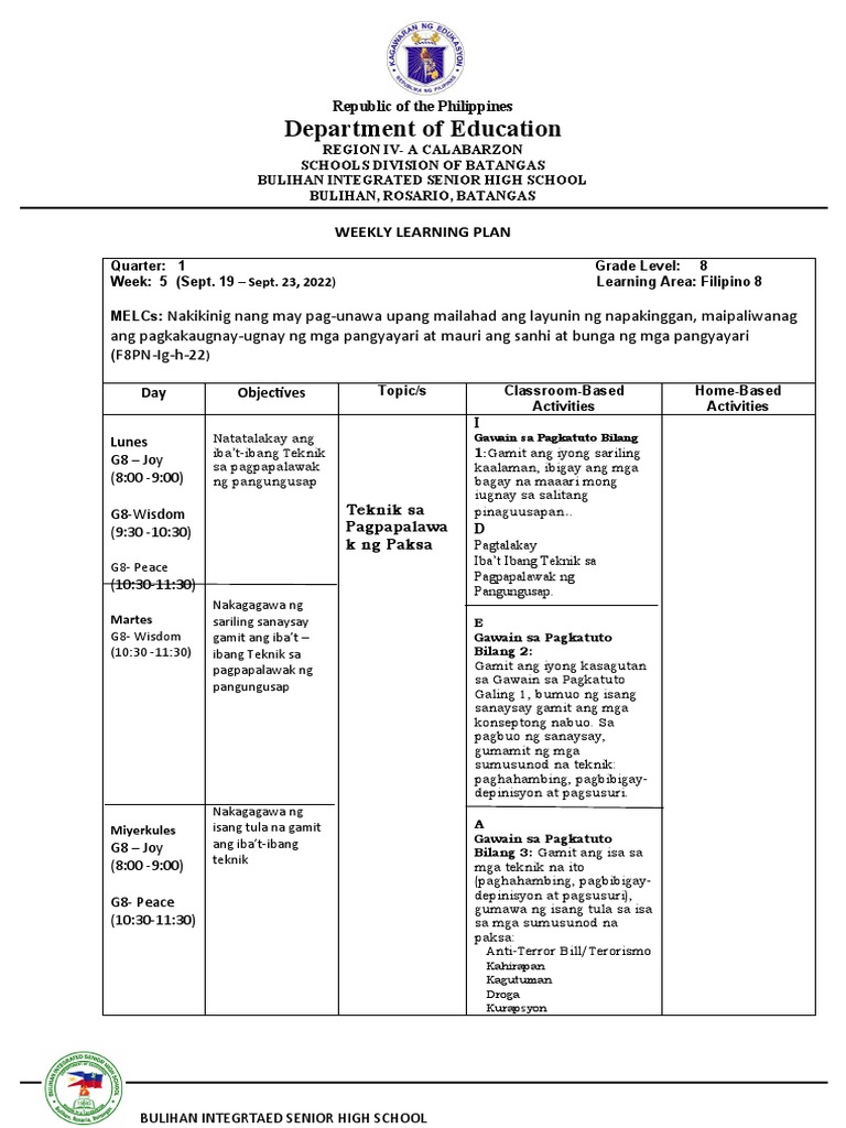 Filipino 8 WLP Week 5 | PDF