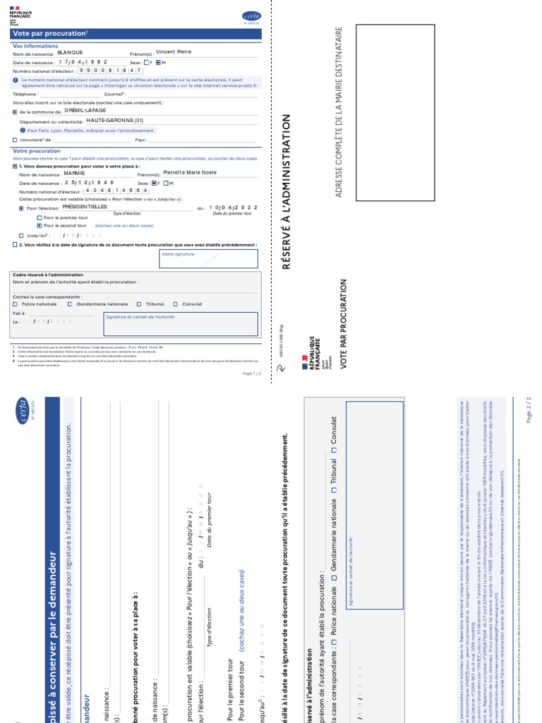 Vote par procuration : Formulaire Cerfa 14952*03 | PDF | Gouvernement