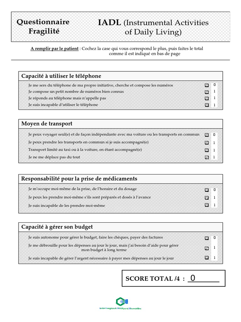 Questionnaire IADL pour évaluation cognitive | PDF