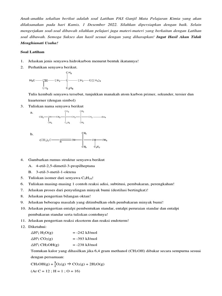 Latihan Soal Pas 1 Kimia Kelas Xi 2022-2023 | PDF | Sains & Matematika