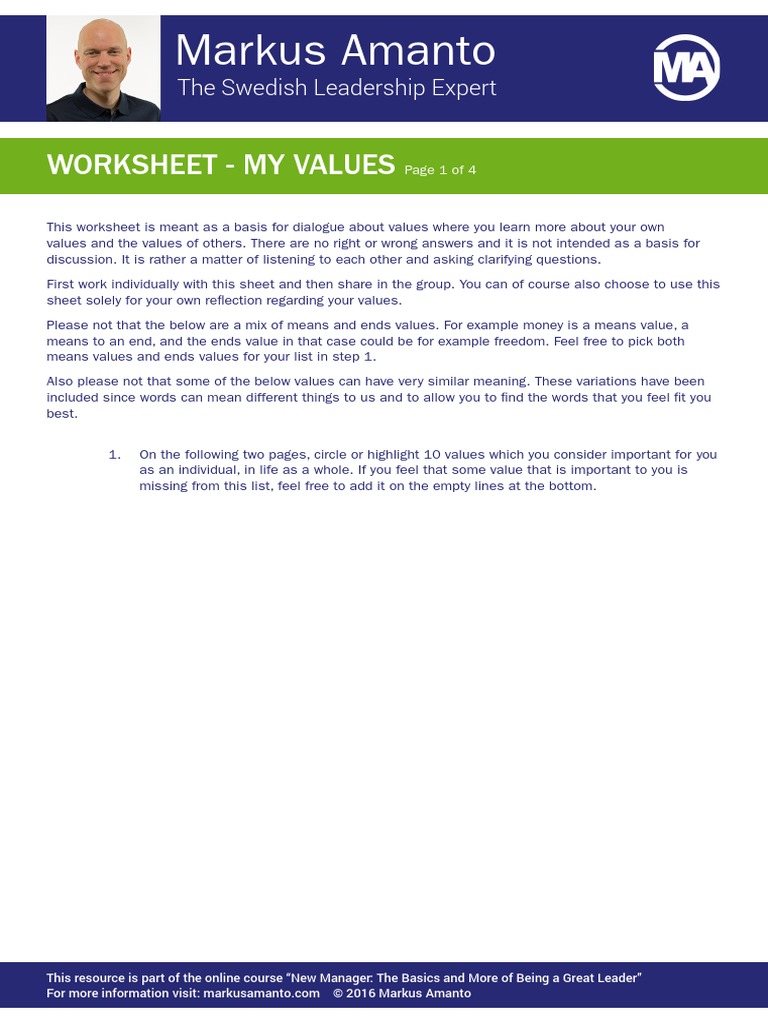 Worksheet My Values | PDF | Worksheet | Leadership