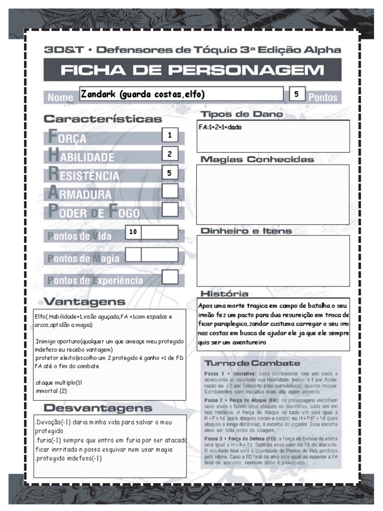 3D&T Alpha - Ficha de Personagem (Editável) - Biblioteca Élfica | PDF