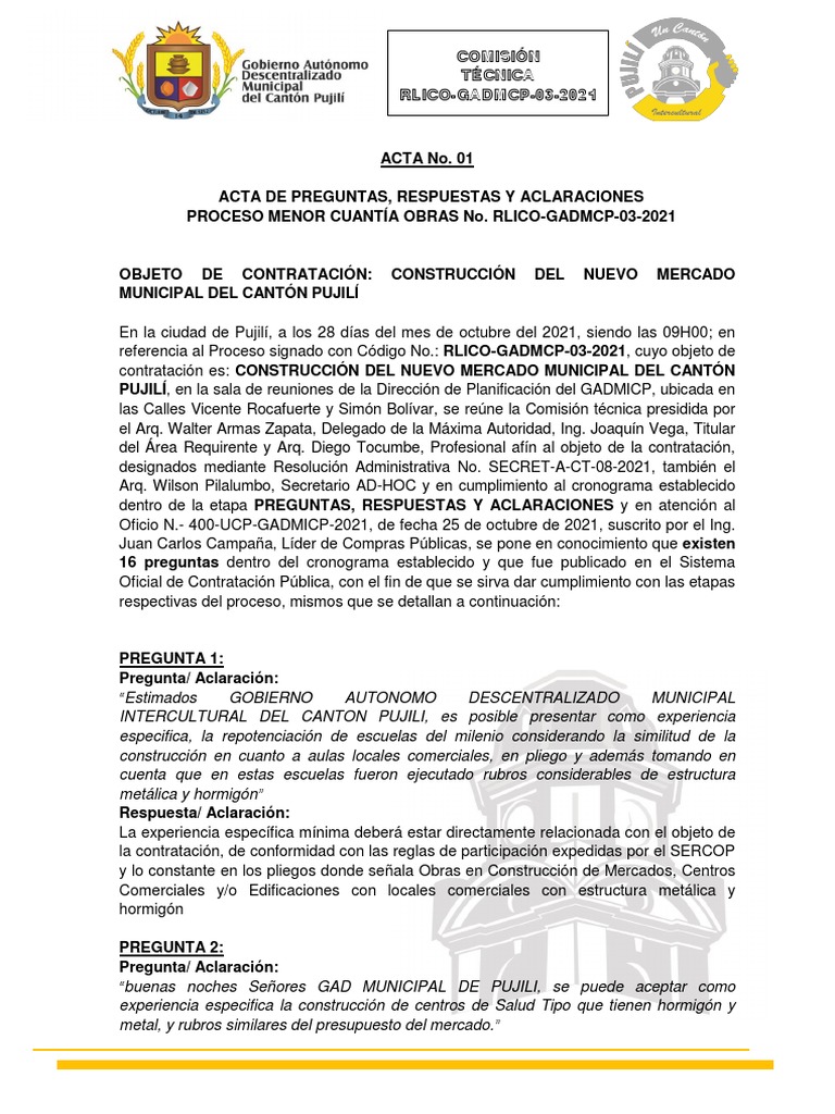 Acta de preguntas, respuestas y aclaraciones sobre la construcción del ... Acta de preguntas, respuestas y aclaraciones sobre la construcción del ...