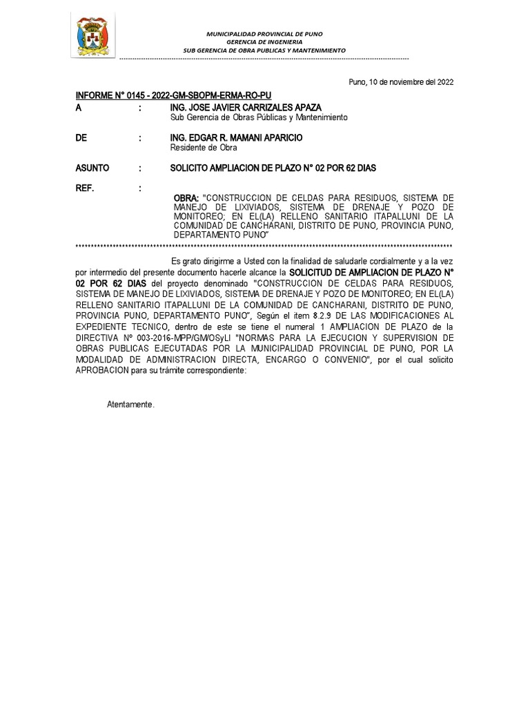 INFORME #145 Ampliacion de Plazo #02 | PDF