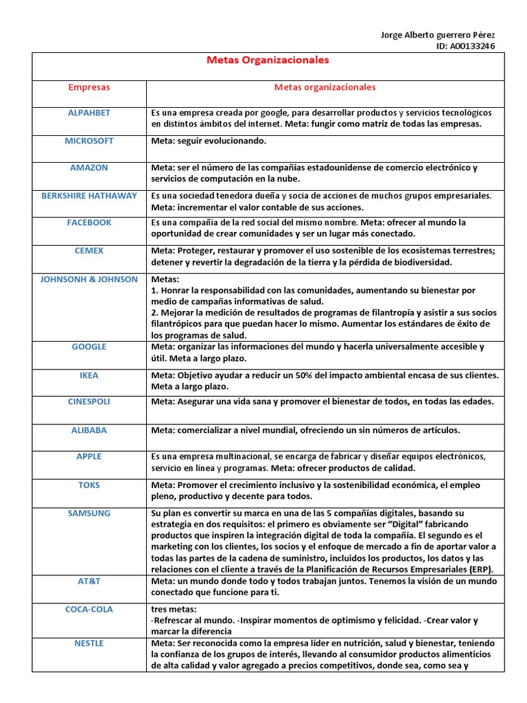 Guerrero-Jorge-Metas Organizacionales | PDF | Planificación de recursos ...