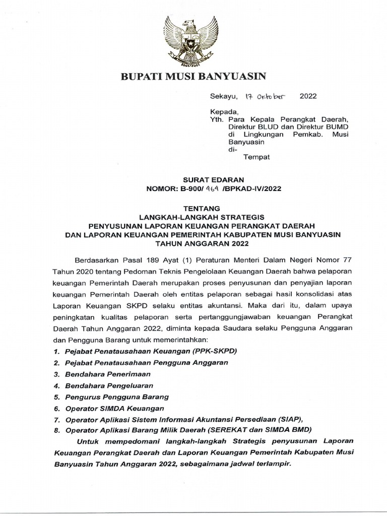 Surat Edaran Bupati Tentang Langkah-Langkah Strategis Penyusunan LKPD Dan LK Pemkab Muba Ta.2022 ...