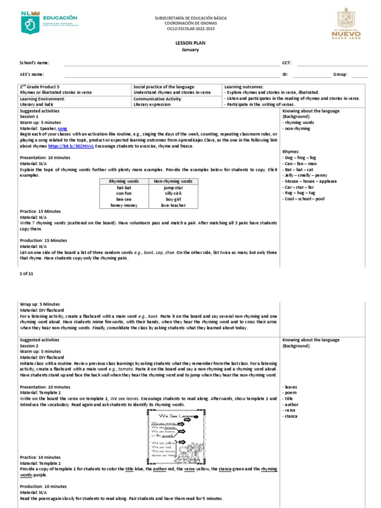 2nd Grade Lesson Plan Product 5 January | PDF | Poetry | Rhyme