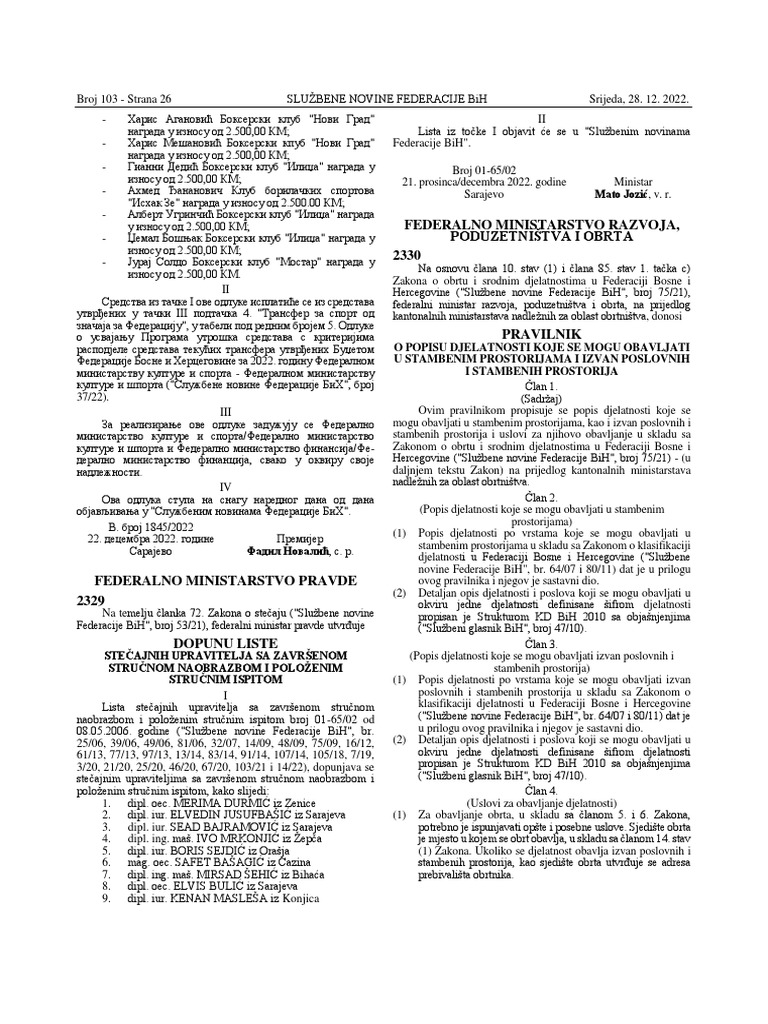 Pravilnik o Popisu Djelatnosti Koje Se Mogu Obavljati U Stambenim Prostorijama I Zvan Posl I ...