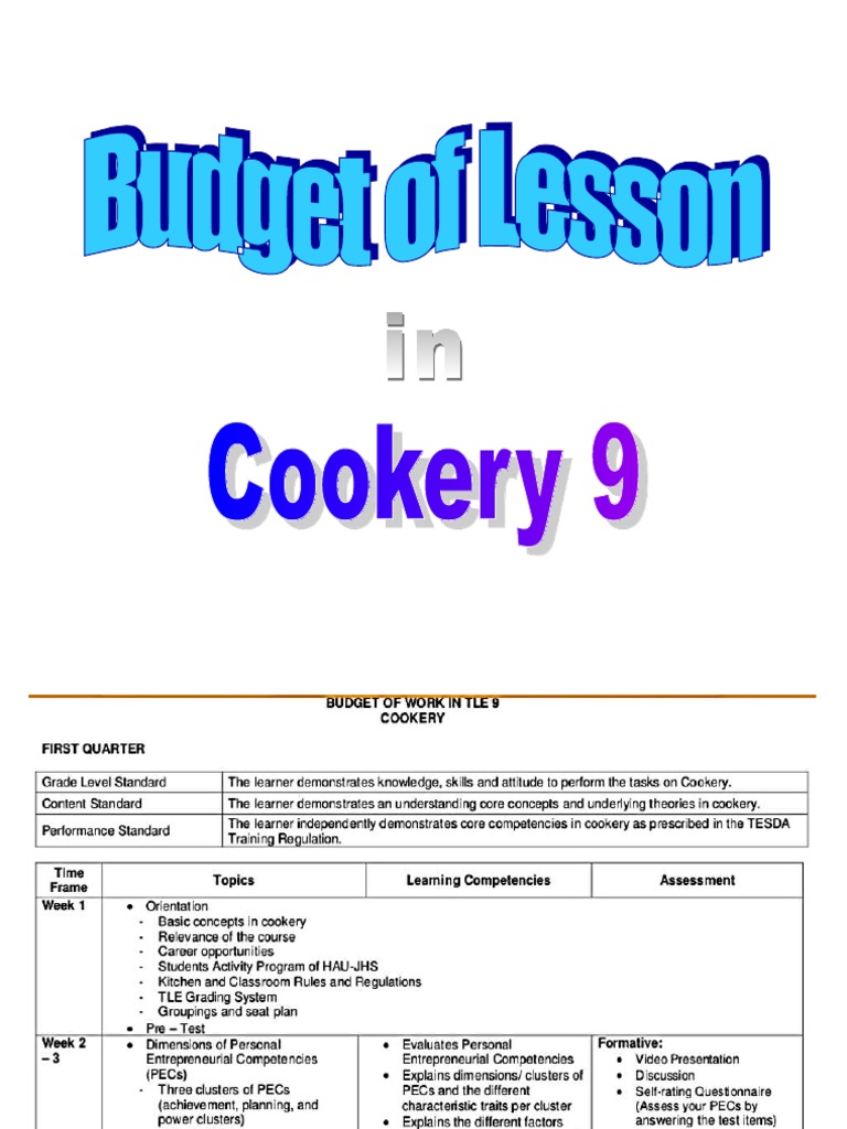Budget of Work for TLE Cookery 9 | PDF