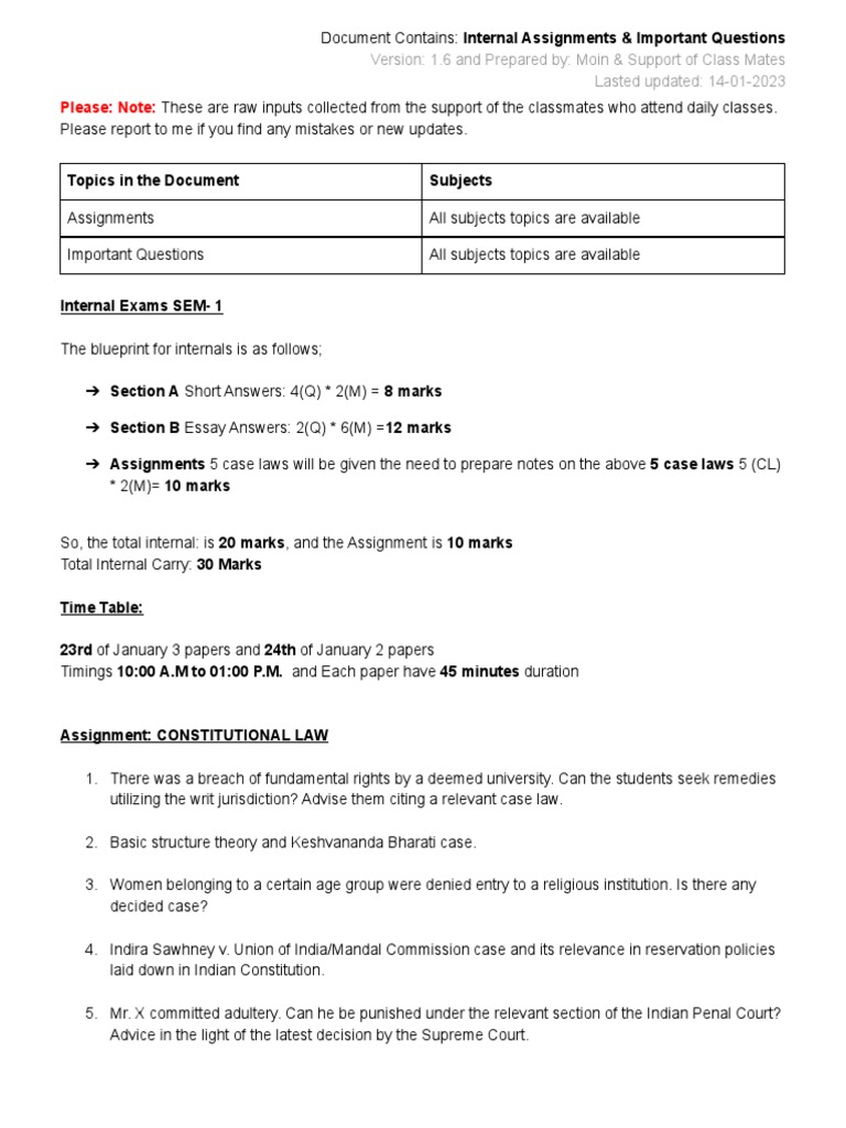 Internal Assignments & Exam Questions Guide | PDF | Tort | Justice