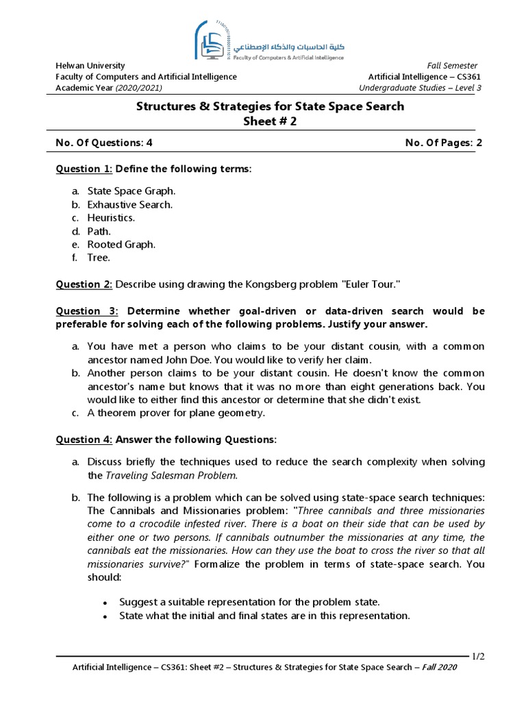 AI Sheet 2 - Structures & Strategies For State Space Search | PDF | Artificial Intelligence ...
