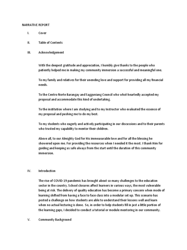 Community Immersion Narrative Report | PDF | Learning | Mentorship