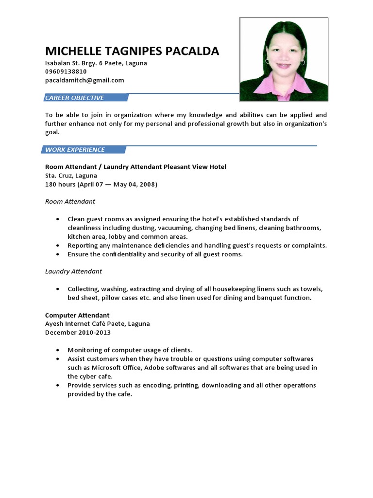 Michelle Tagnipes Pacalda Resume | PDF | Housekeeping | Computing