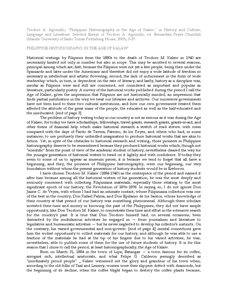 Agoncillo, Teodoro - Philippine Histiography in The Age of Kalaw | PDF ...