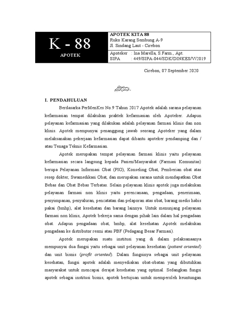 Proposal Studi Kelayakan Apotek Kita 88 | PDF