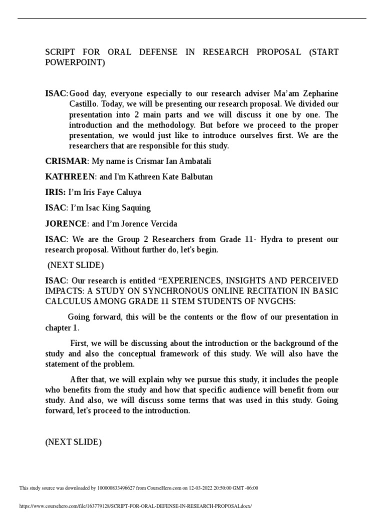 Research Proposal Defense Script | PDF | Curriculum | Communication