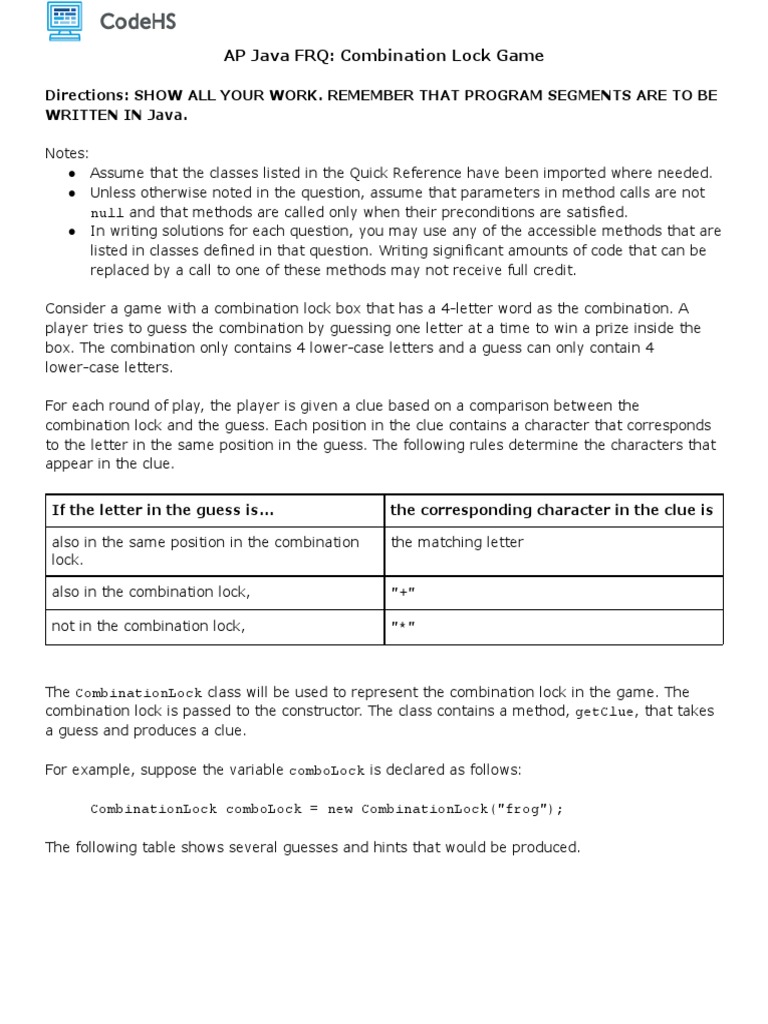 (AP Java) (Classes and OOP) (05) (Writing Classes and Instance Methods) Combination Lock (FRQ ...