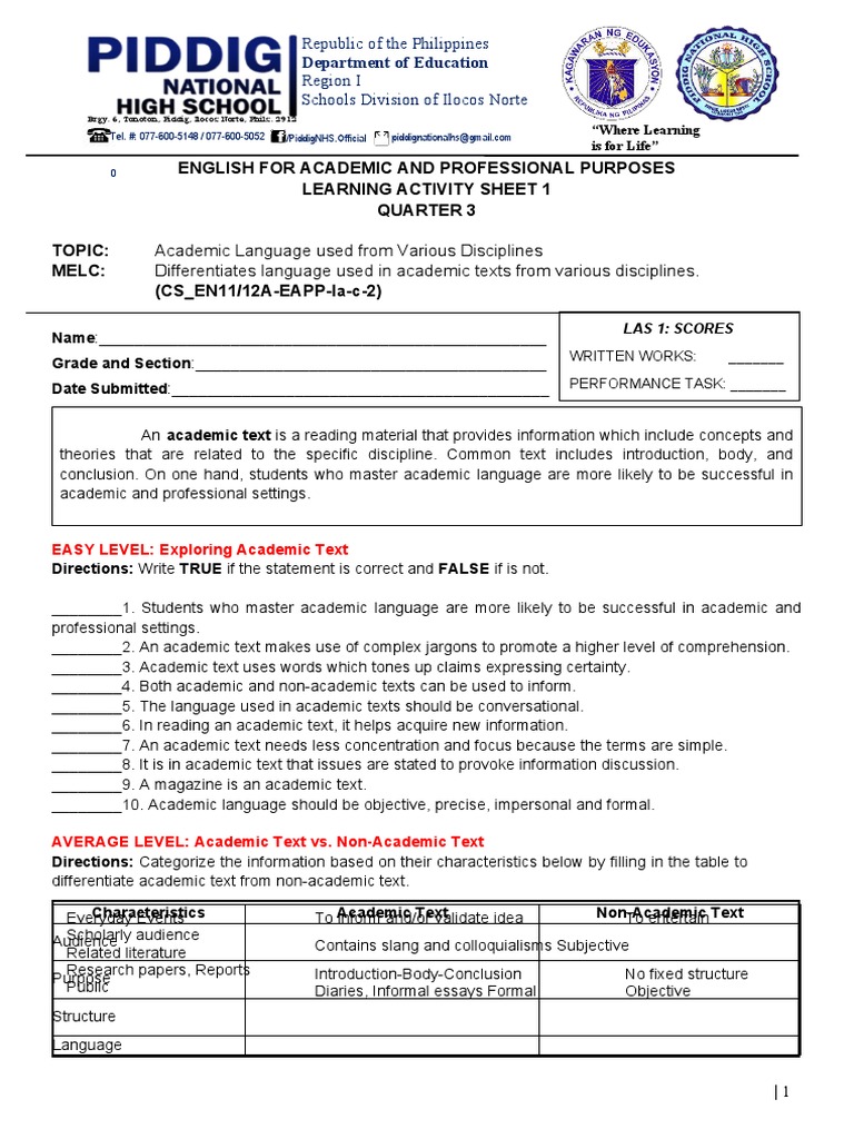 EAPP Activity Sheets for Academic Language | PDF | Food Energy | Metabolism