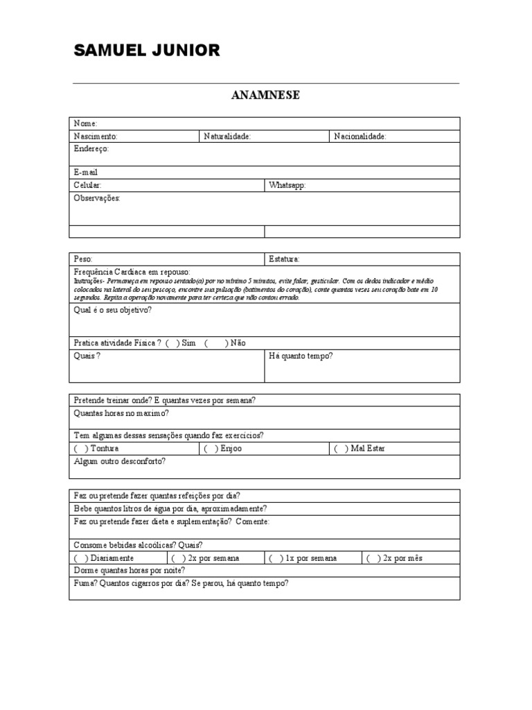 Modelo de Anamnese Personal Trainer | PDF | Coração | Diabetes