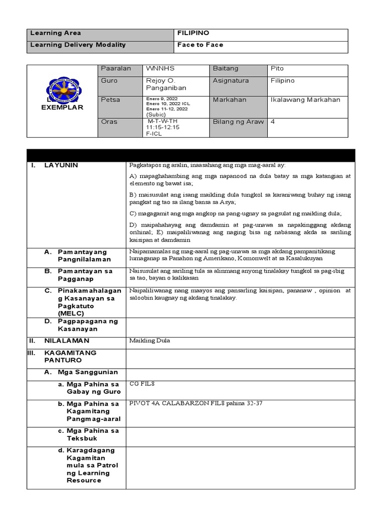Lesson Plan Template-Filipino 8 | PDF