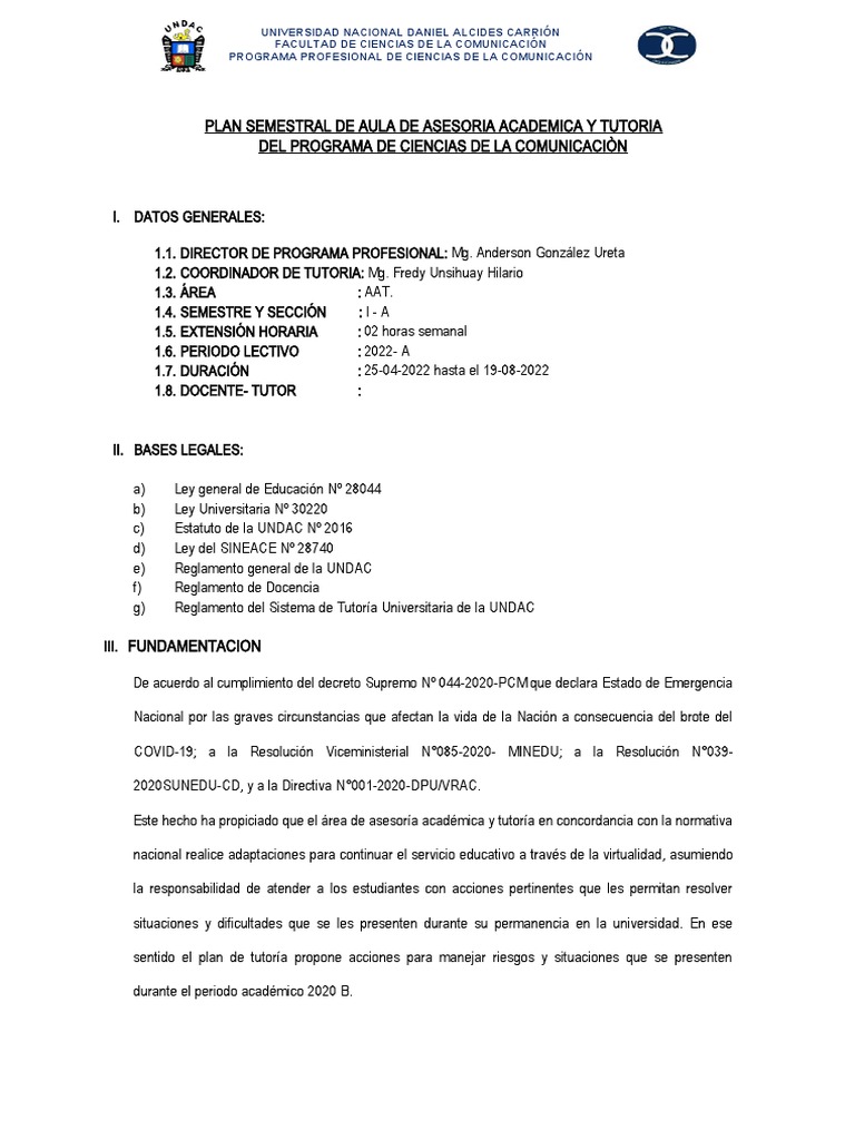 Plan Semestral TUTORIA 2022-A | PDF | Maestros