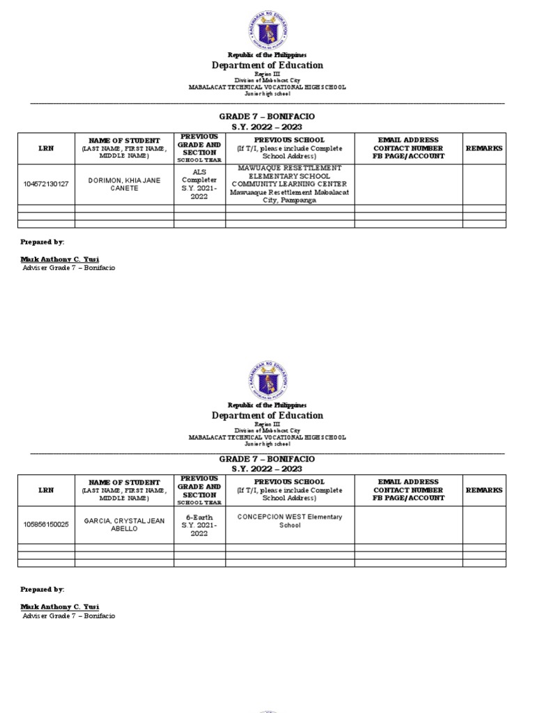Grade Section - Request SF10 - 2022 2023 7 - Bonifacio 1 | PDF | Middle ...