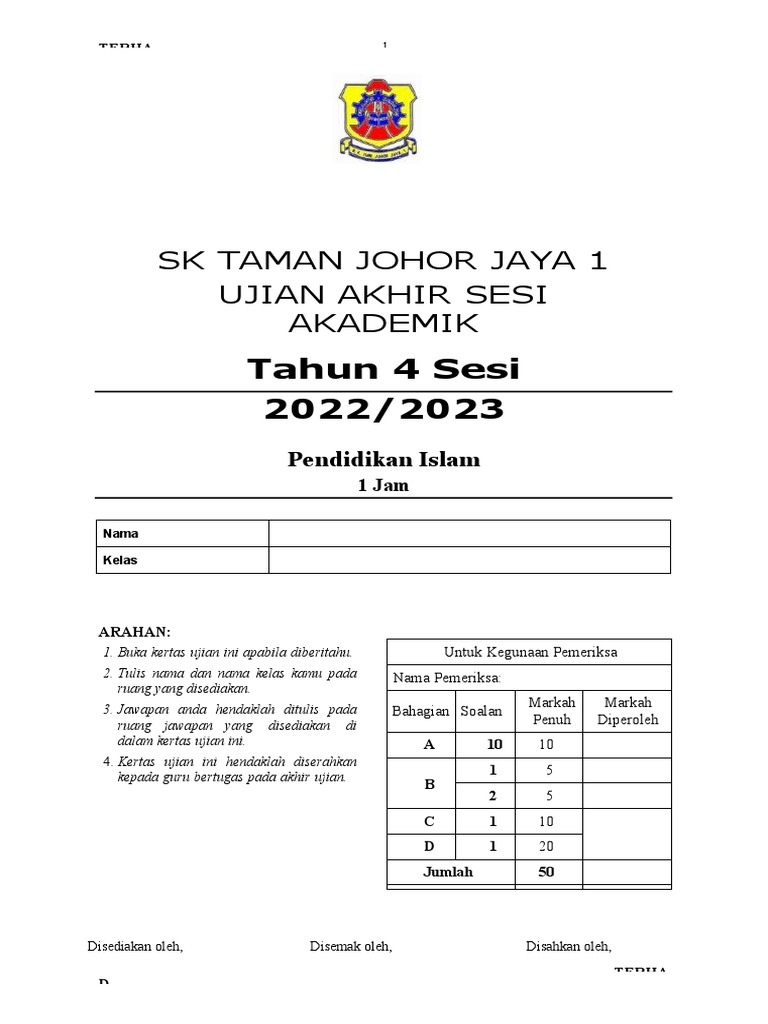 Muka Depan Kertas Soalan | PDF