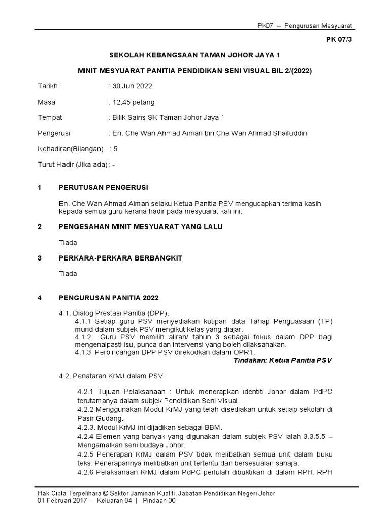 Minit Mesyuarat PSV (Bil 2) | PDF